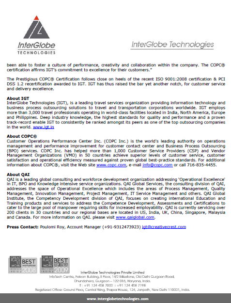 IGT becomes 1st Travel BPO Globally to be COPC® certified on standard ...